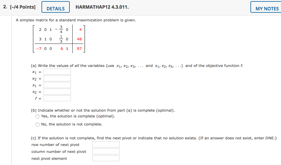 Solved A simplex matrix for a standard maximization problem | Chegg.com