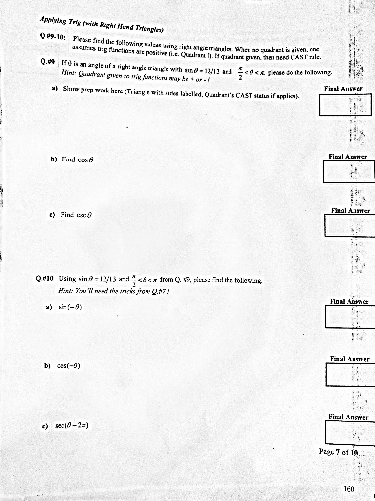 Solved Applying Trig (with Right Hand Triangles) Q#9-10: | Chegg.com