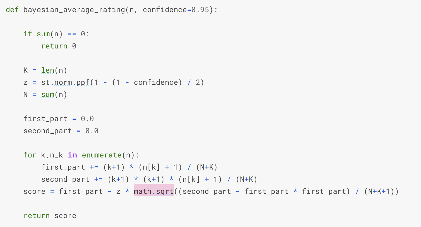 Solved def bayesian_average_rating( n, confidence=0.95): if | Chegg.com