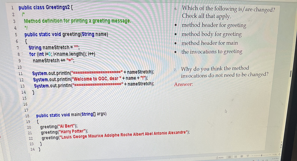 Solved 1 public class Greetings2 \{ 2p∗ 3 Method definition | Chegg.com