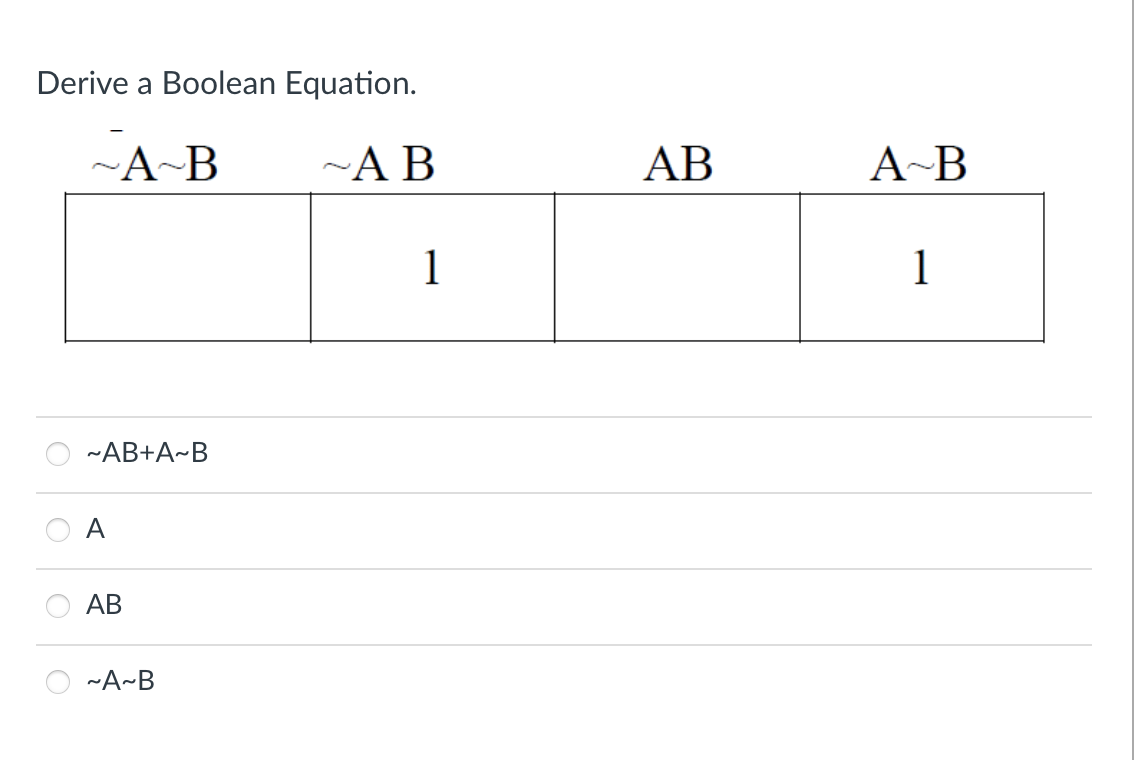 Solved Derive a Boolean Equation. ~A-B -AB AB A B 1 1 1 | Chegg.com