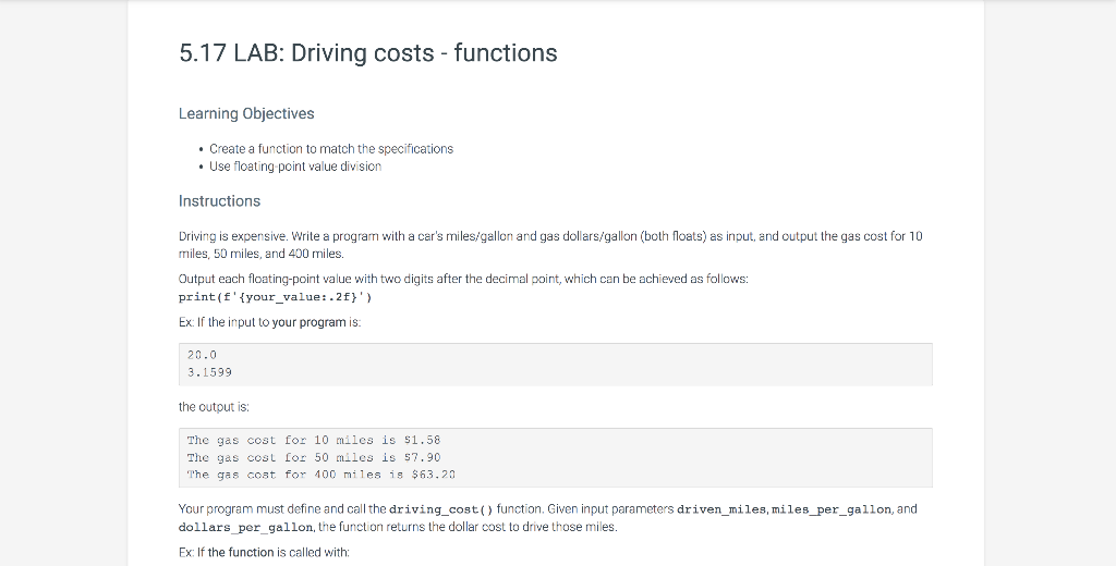 Solved 5.17 LAB: Driving costs - functions Learning | Chegg.com