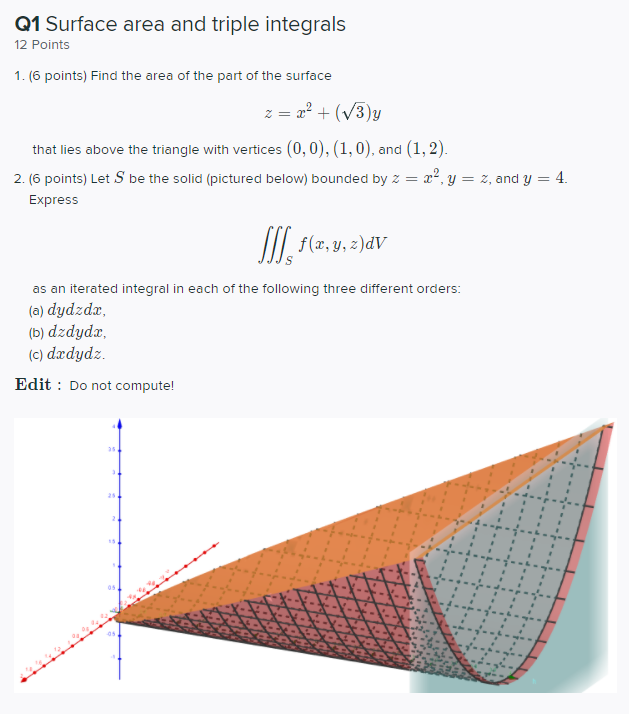 Solved Q1 Surface area and triple integrals 12 Points 1. (6 | Chegg.com