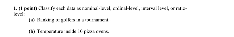 Solved (1 ﻿point) ﻿Classify each data as nominal-level, | Chegg.com