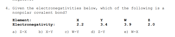 Solved 4. Given the electronegativities below, which of the | Chegg.com