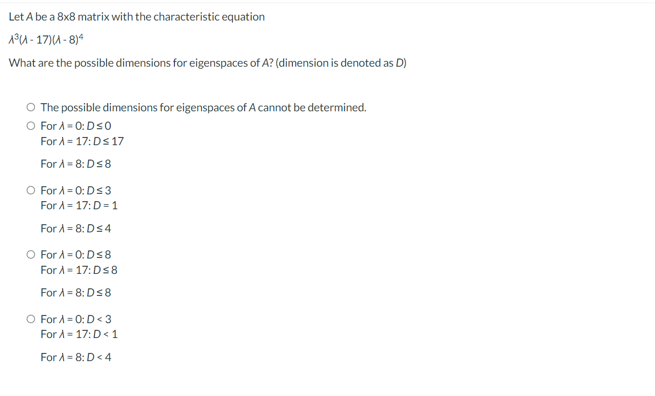 Solved Let A be a 8×8 matrix with the characteristic | Chegg.com