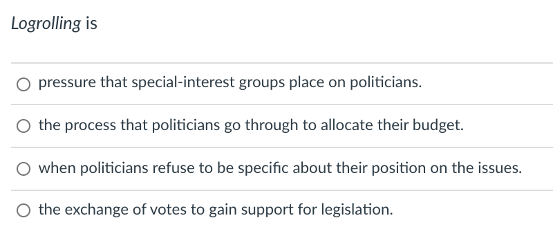 Solved Logrolling is O pressure that special-interest groups | Chegg.com