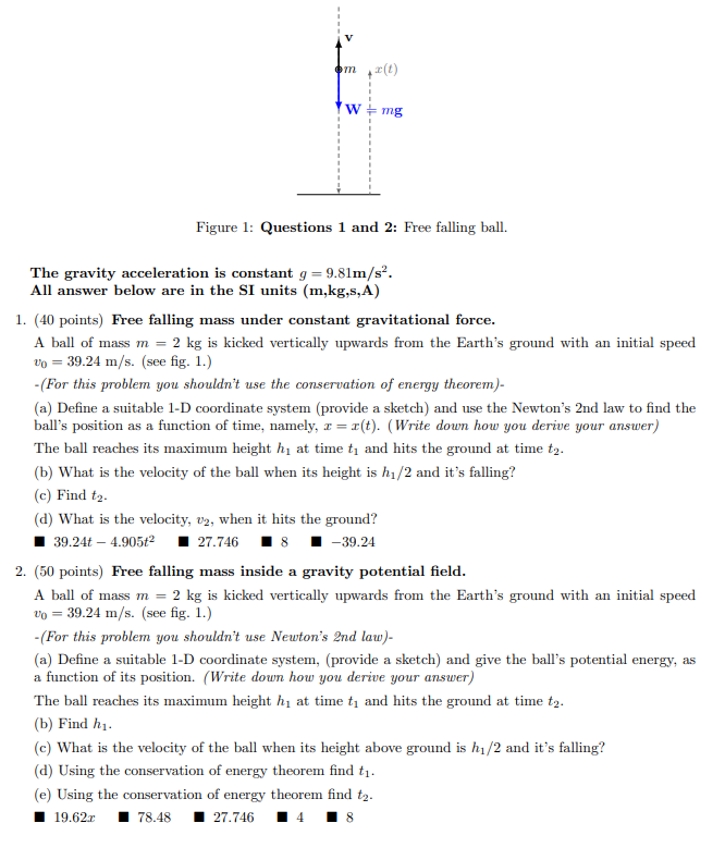 Solved Figure 1: Questions 1 and 2: Free falling ball. The | Chegg.com