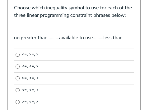 Solved Choose which inequality symbol to use for each of the | Chegg.com