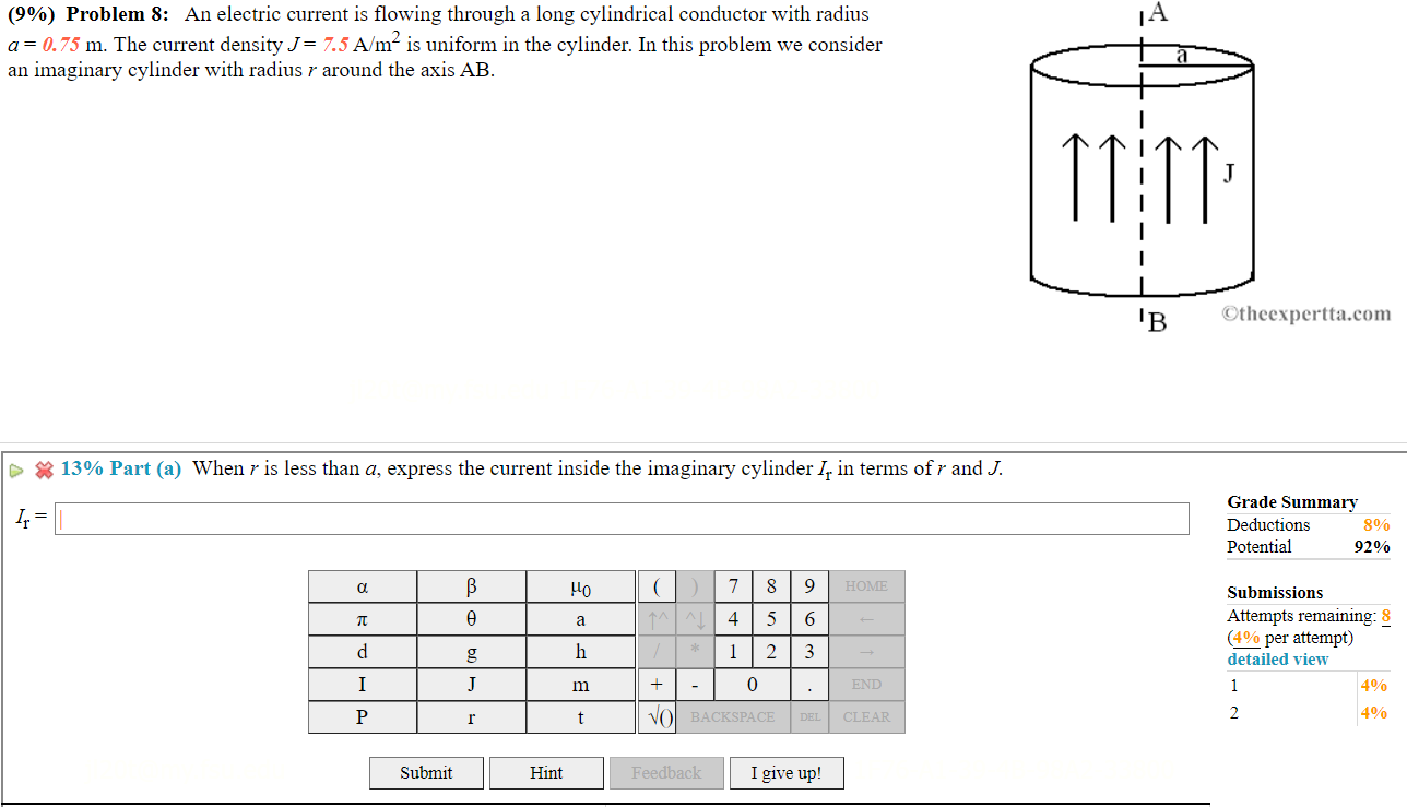 Solved (9%) Problem 8: An electric current is flowing | Chegg.com