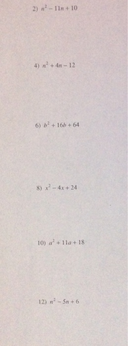 Solved 2) n-11n + 10 4) n2 +4n-12 6) b +16b+ 64 8) x-4x+24 | Chegg.com