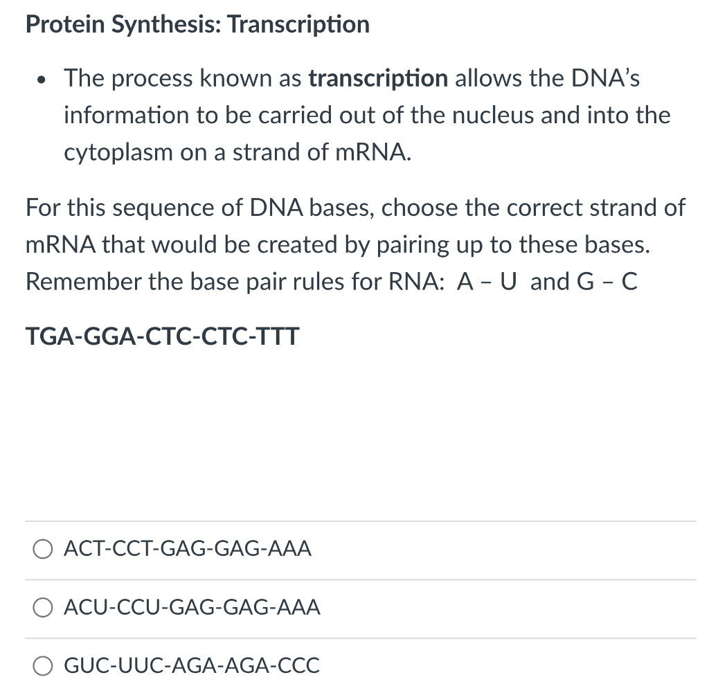 Solved Protein Synthesis: Transcription • The process known | Chegg.com