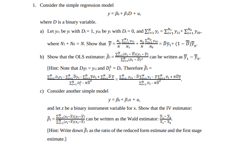 1. Consider the simple regression model y=β0+β1D+u, | Chegg.com