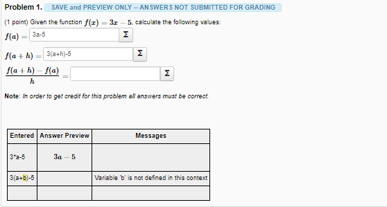 Solved (1 point) Given the function f(x)=3x−5. calculate the | Chegg.com