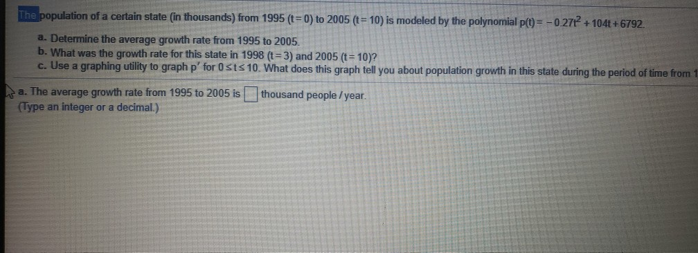 Solved The population of a certain state (in thousands) from | Chegg.com