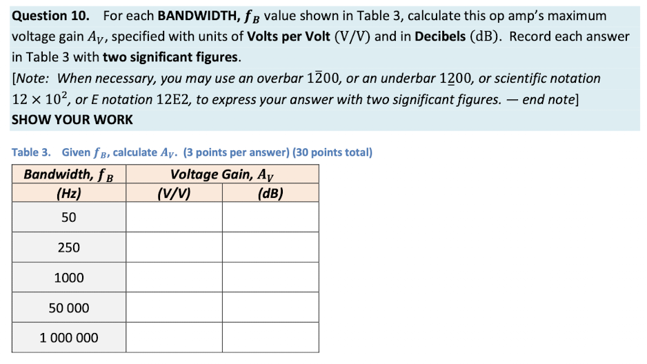 Solved Question 10. For each BANDWIDTH, fB value shown in | Chegg.com