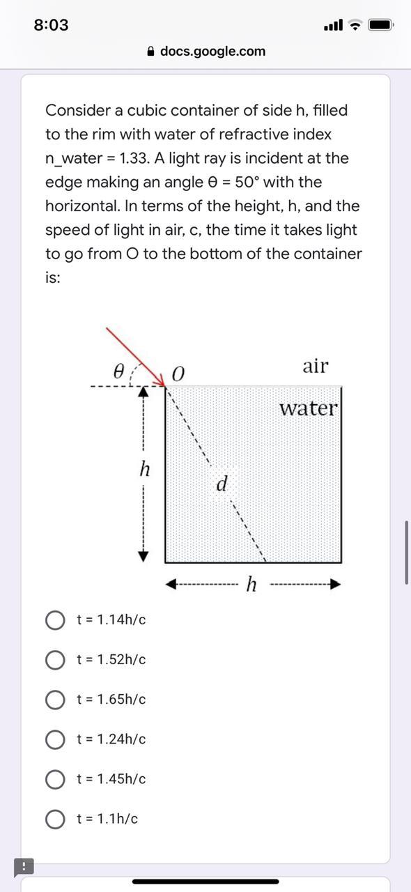 Solved 8:03 docs.google.com Consider a cubic container of | Chegg.com