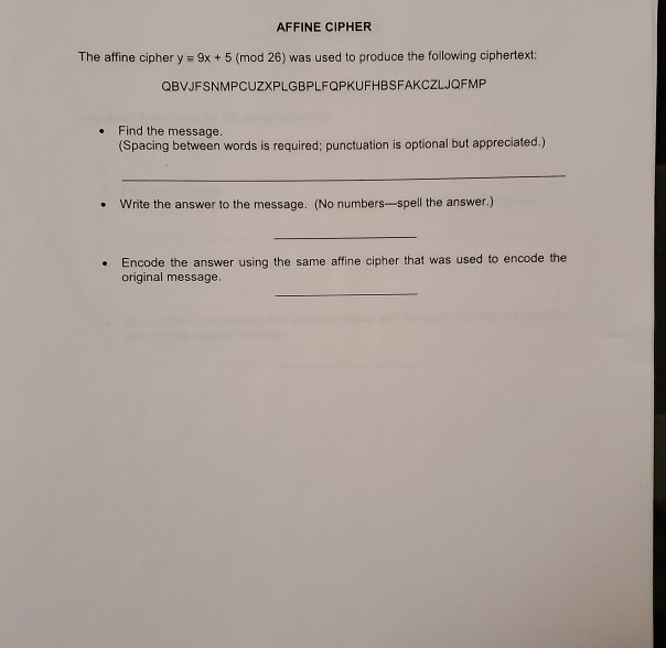 Solved AFFINE CIPHER The affine cipher y = 9x + 5 (mod 26) | Chegg.com