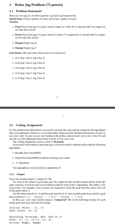Solved 3.1 Problem Statement There are two jugs /11−J2 with | Chegg.com