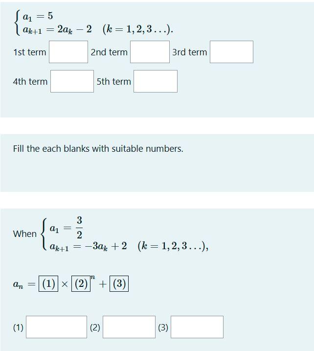 Solved {a1=5ak+1=2ak−2(k=1,2,3…) 1st term 2nd term 3rd | Chegg.com