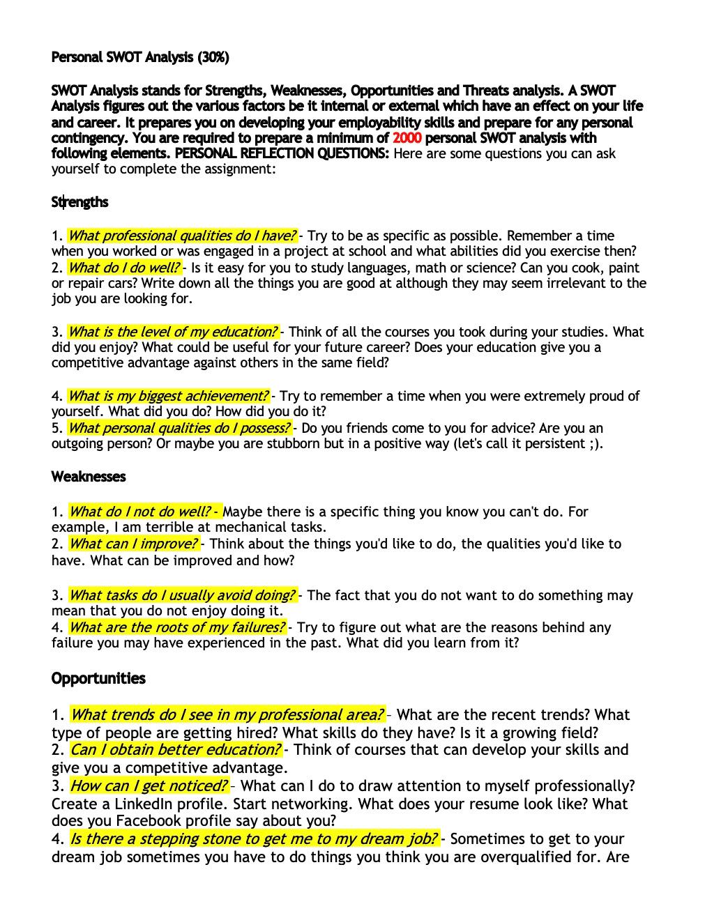 Solved Personal SWOT Analysis (30%) SWOT Analysis stands for | Chegg.com