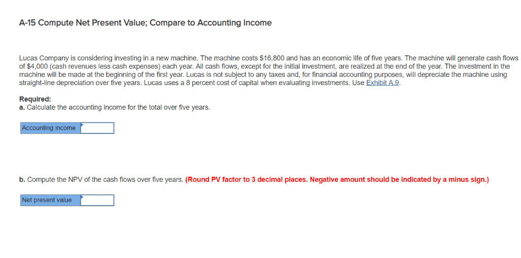 Solved A-15 Compute Net Present Value; Compare to Accounting | Chegg.com