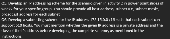 Solved Q5. Develop an IP addressing scheme for the scenario | Chegg.com