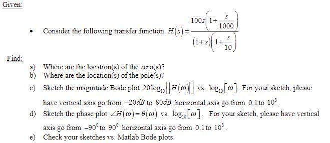 Solved - Consider the following transfer function | Chegg.com