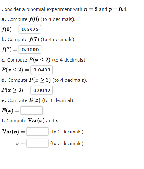 Solved Consider a binomial experiment with n=9 and p=0.4. a. | Chegg.com