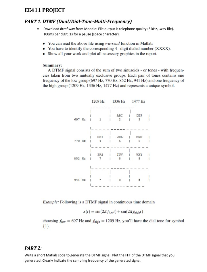 EE411 PROJECT PART1. DTMF | Chegg.com