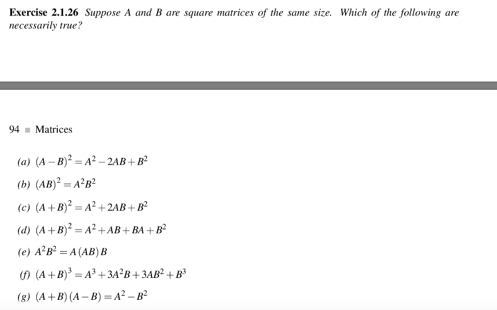 Solved Exercise 2.1.26 Suppose A and B are square matrices | Chegg.com
