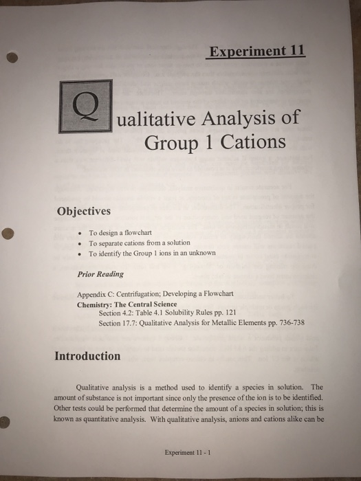 Solved Experiment 11 ualitative Analysis of Group 1 Cations | Chegg.com