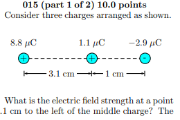 Solved 015 (part 1 of 2 ) 10.0 points Consider three charges | Chegg.com