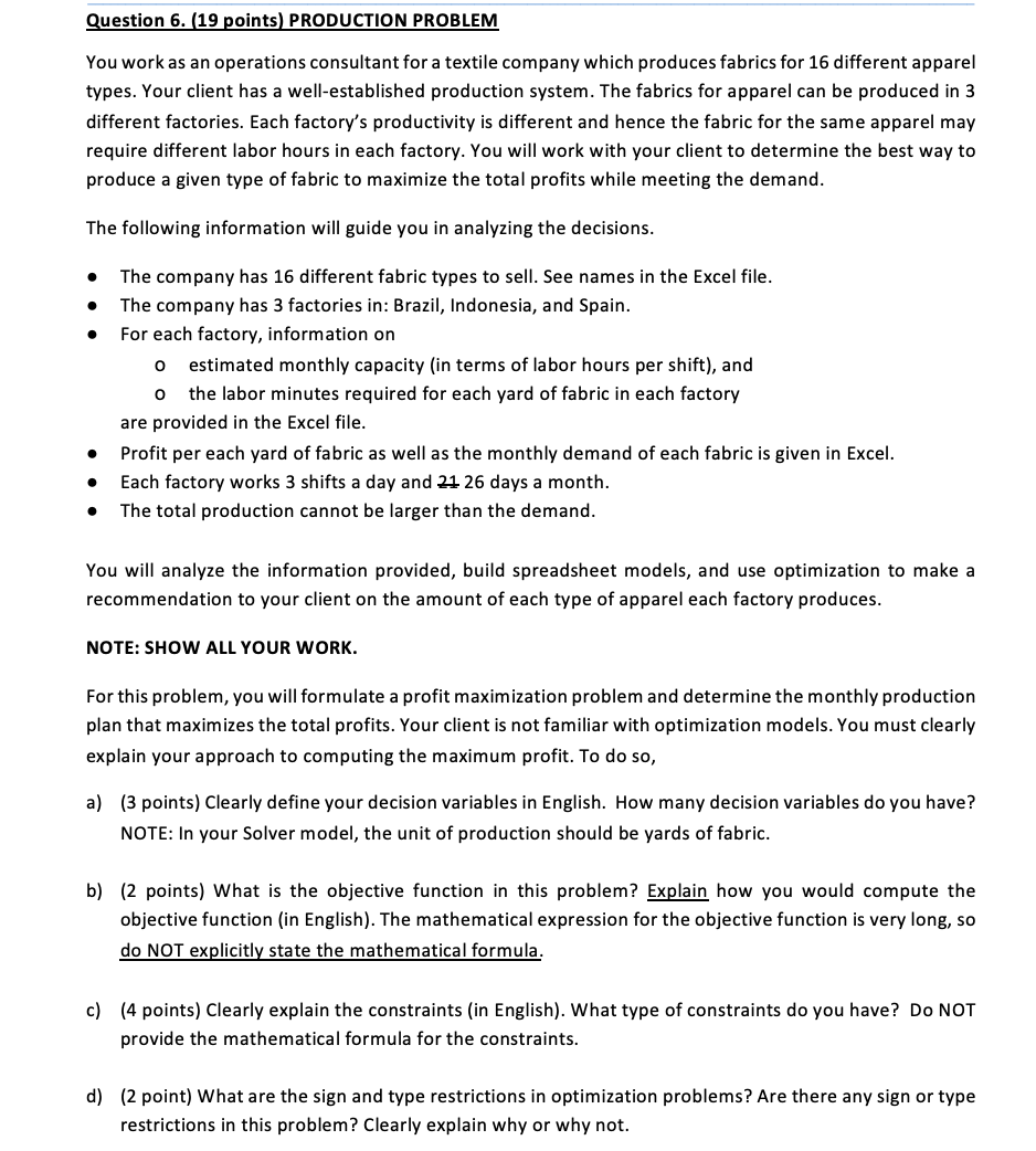 Solved Question 6. (19 points) PRODUCTION PROBLEM You work | Chegg.com