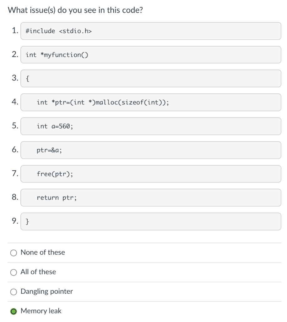 Solved None of these All of these Dangling pointer Memory | Chegg.com