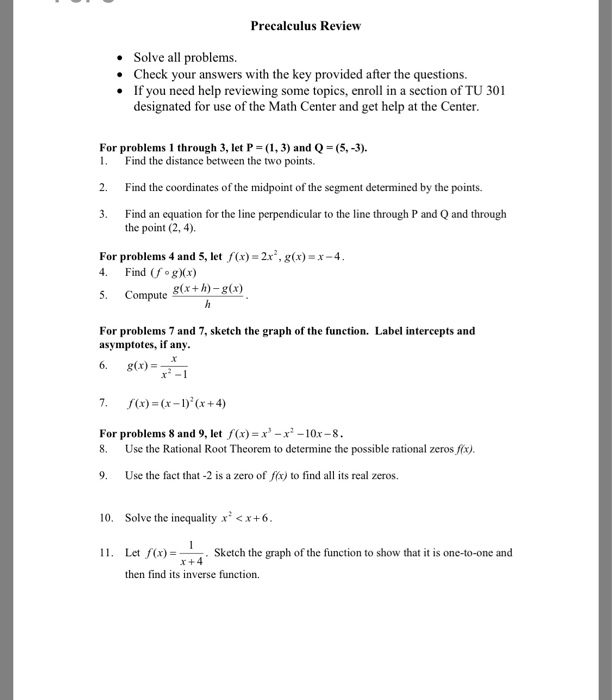 Solved Precalculus Review . Solve all problems e Check your | Chegg.com