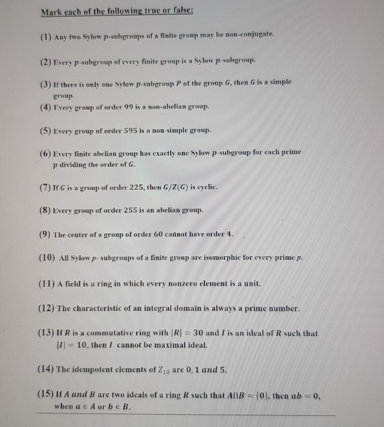 Solved Mark each of the following true or false: (1) Any two | Chegg.com