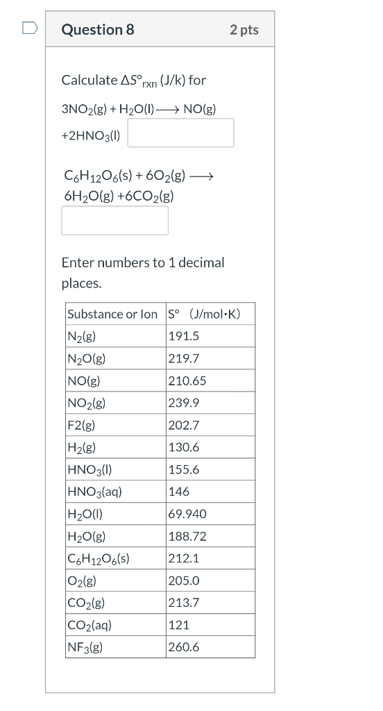 Solved Question 8 2 pts Calculate AS rxn (J/k) for 3NO2(g) + | Chegg.com