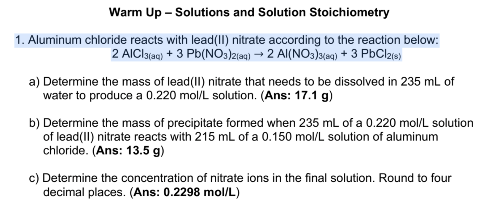 Solved Warm Up - Solutions and Solution Stoichiometry 1. | Chegg.com