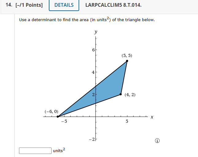 Solved Use a determinant to find the area (in units 2 ) of | Chegg.com