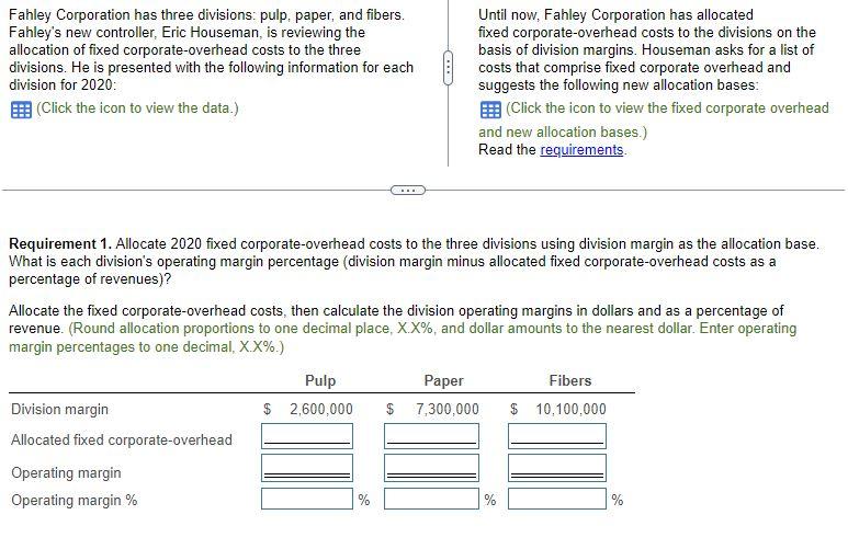 Solved Fahley Corporation has three divisions: pulp, paper, | Chegg.com