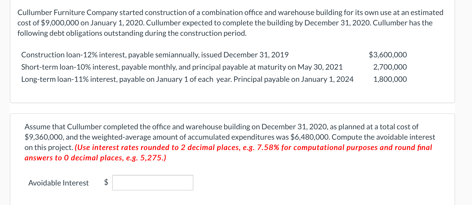 Solved Cullumber Furniture Company started construction of a | Chegg.com