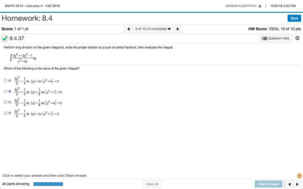 Solved MATH 2414- Calculus II Fall 2018 AMMAR ALMAYYAHI | | Chegg.com