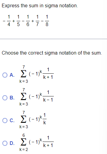 Solved Express the sum in sigma notation. −41+51−61+71−81 | Chegg.com