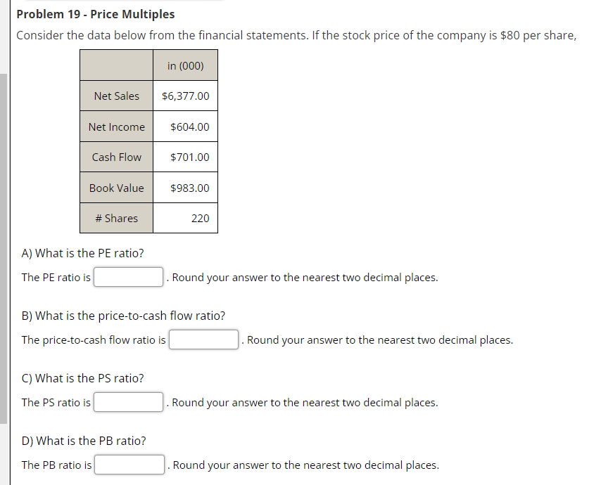 Solved Problem 19 - Price Multiples Consider the data below | Chegg.com