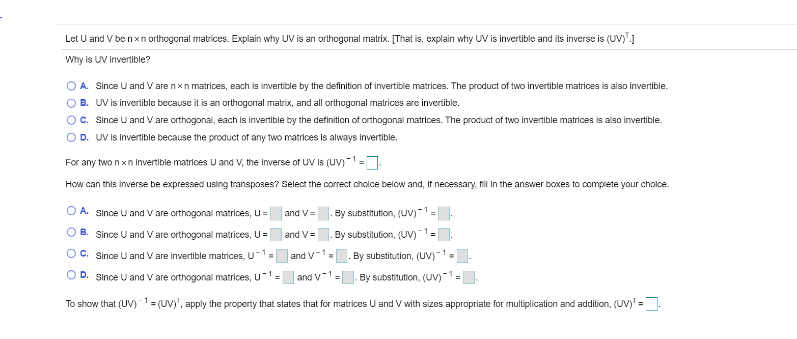 Solved Let U and V be nxn orthogonal matrices. Explain why | Chegg.com