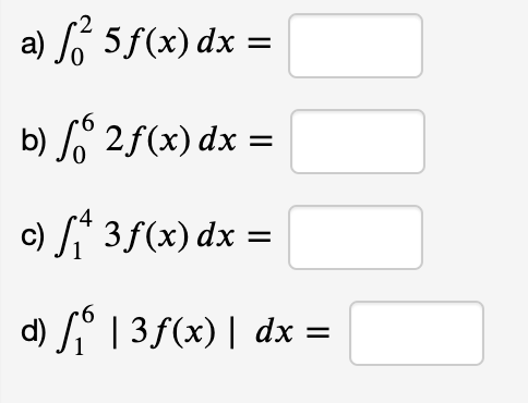 Solved a) 5f(x) dx = b) Sº 2f(x) dx = c) /* 3f(x) dx = d) SO | Chegg.com