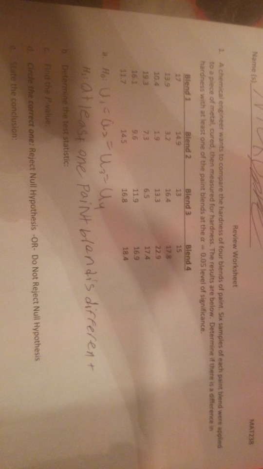 Solved MAT238 Review Worksheet 1. A chemical engineer wants | Chegg.com