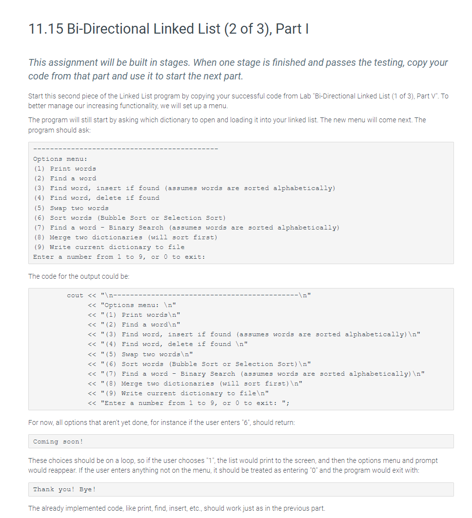 Solved 11.15 Bi-Directional Linked List (2 of 3), Part I | Chegg.com