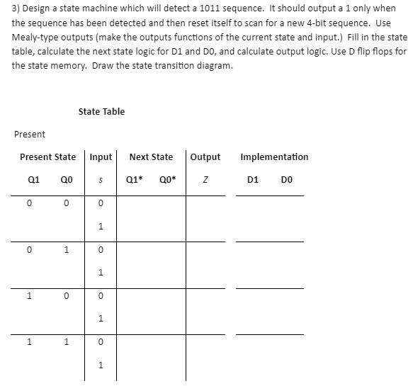 Solved 3) Design a state machine which will detect a 1011 | Chegg.com
